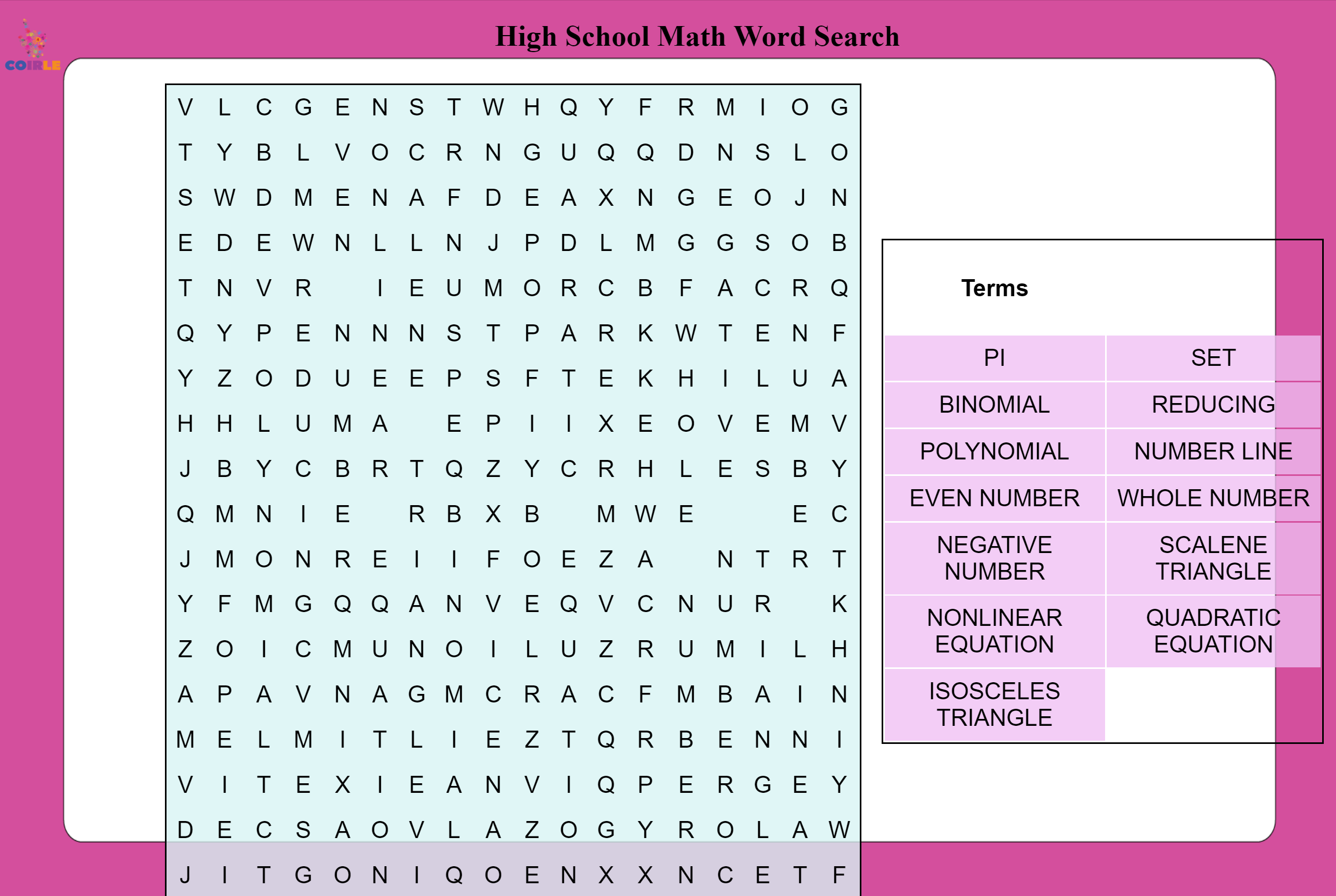 High School Math Word Search Coirle